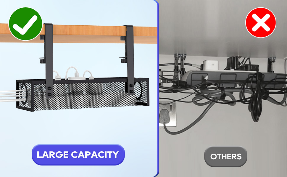 Under Desk Cable Management Tray, No-Drill Mesh Table Cable Basket for Managing Cables and Power ...