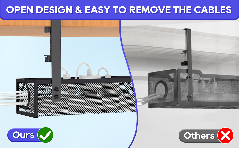 Under Desk Cable Management Tray, No-Drill Mesh Table Cable Basket for Managing Cables and Power ...