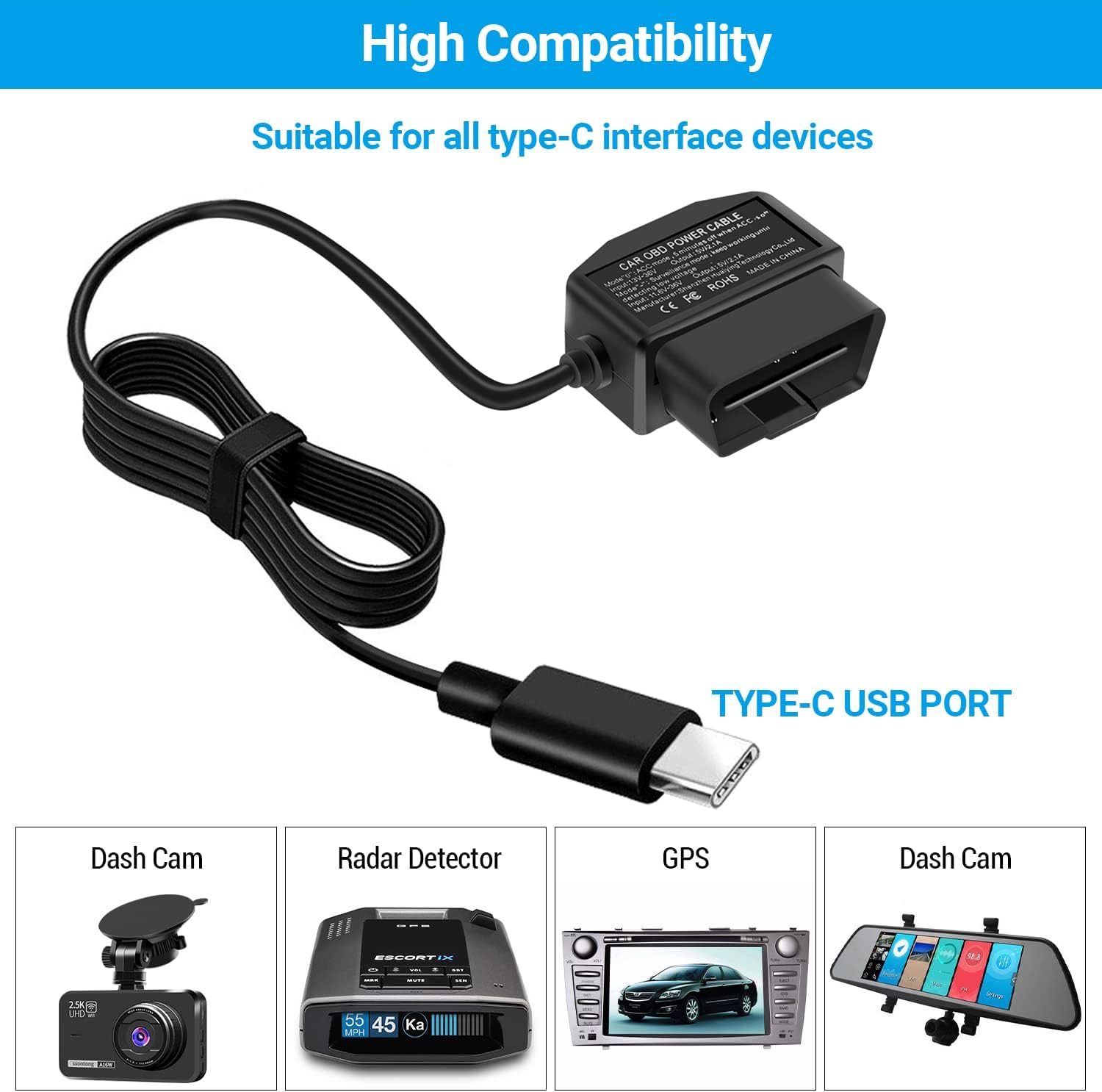 Upgraded OBD2 OBD Power Cable for Dash Camera, OBD to Type-C USB OBDII Adapter Hardwire Charger ...