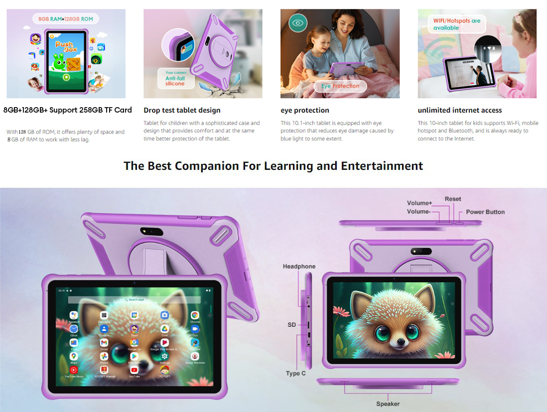 MAGCH YOTOPT 10 Inch Kids Tablet, Android 12.0, Parental Control, HD ...