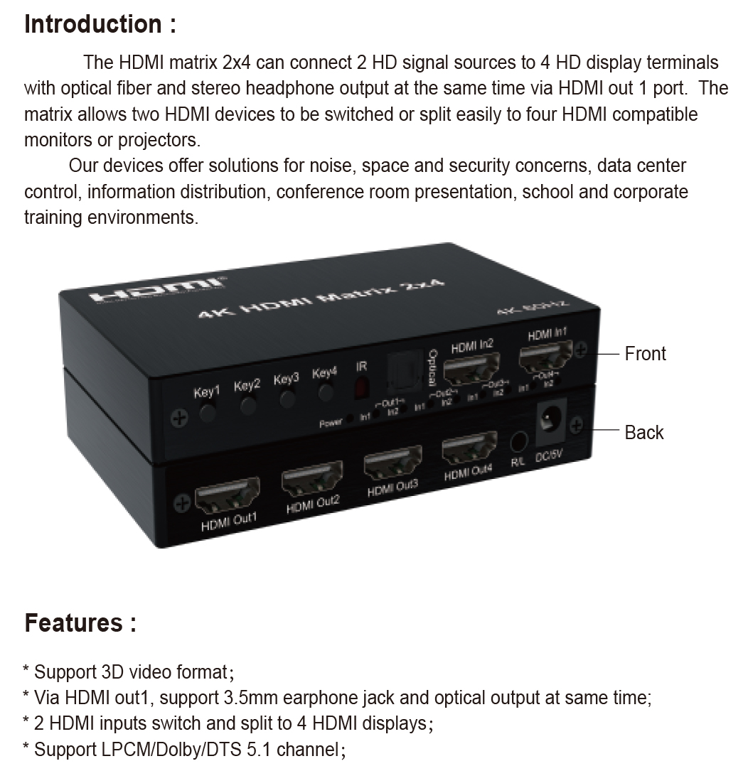 4K 60Hz HDMI Matrix 4x2 2x4 2x2 HDMI Switcher 4 Input 2 Output with Optical 3.5mm Audio Out for ...