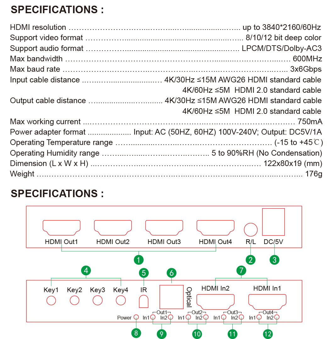 4K 60Hz HDMI Matrix 4x2 2x4 2x2 HDMI Switcher 4 Input 2 Output with Optical 3.5mm Audio Out for ...