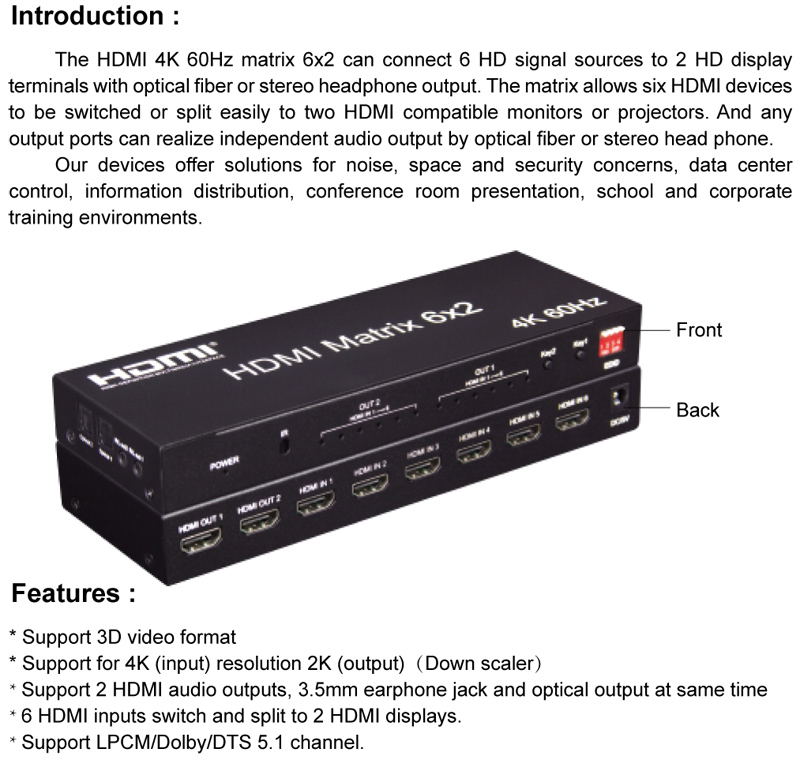 6x2 HDMI Switch Matrix 4K 60Hz HDMI Matrix 6 in 2 Out HDMI Video Switcher Splitter with Audio ...
