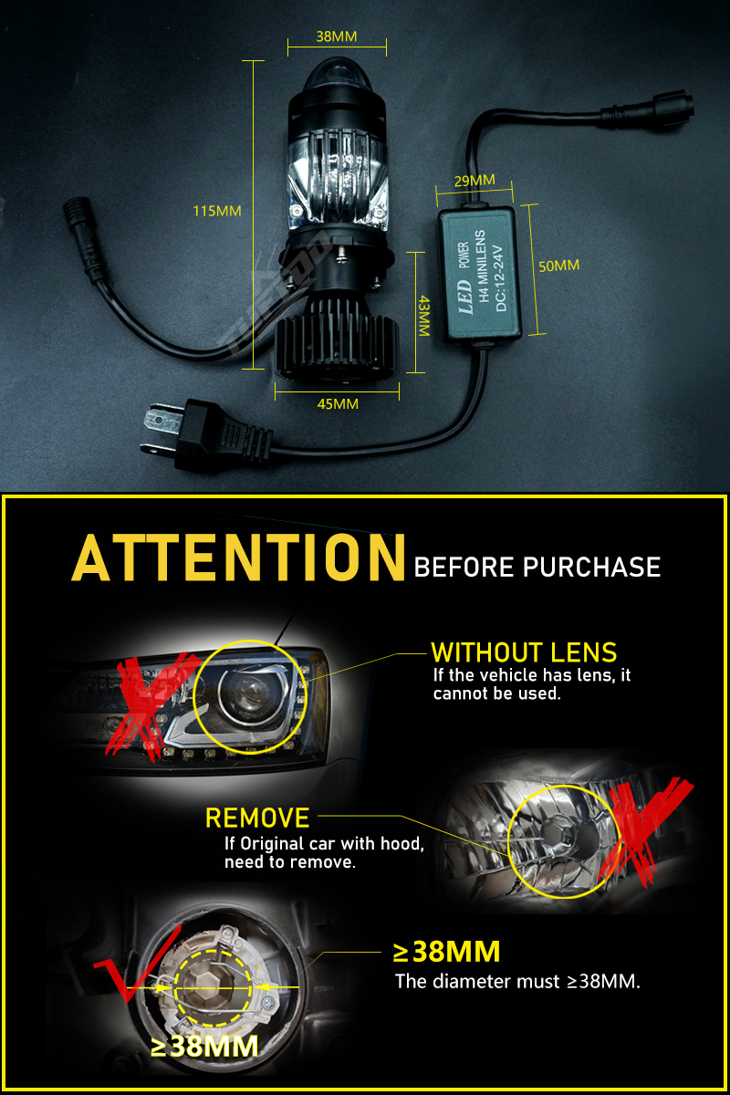 TUFFOO 2 Pcs 4300K Warm White 110W 24000LM Car Mini H4 HS1 LED Headlight Projector Lens 6000K ...