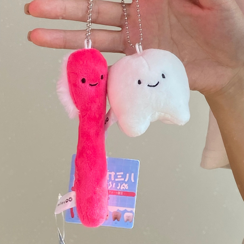 Funny Fried Teeth Toothbrush Toothbag Charm Plush Keychain Smile Face ...