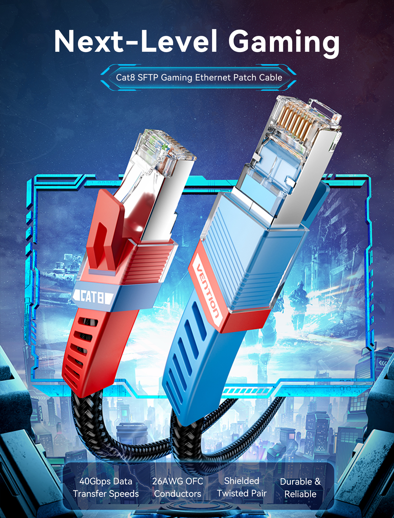 Vention Cat 8 Ethernet Cable High Speed 40Gbps Gold Plated RJ45 ...
