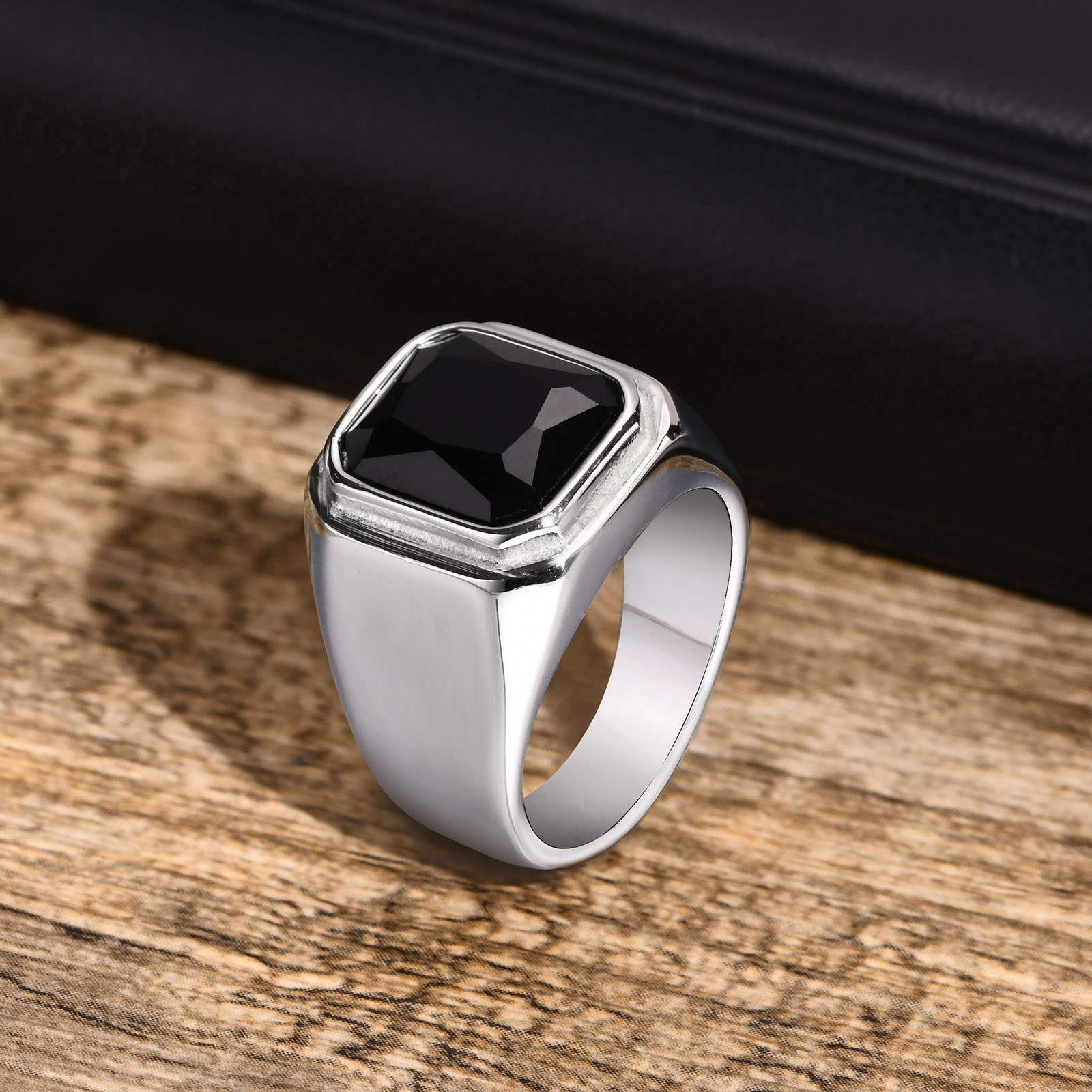 MG Stylish Square Black Stone Rings For Men, Stainless Steel Geometric ...