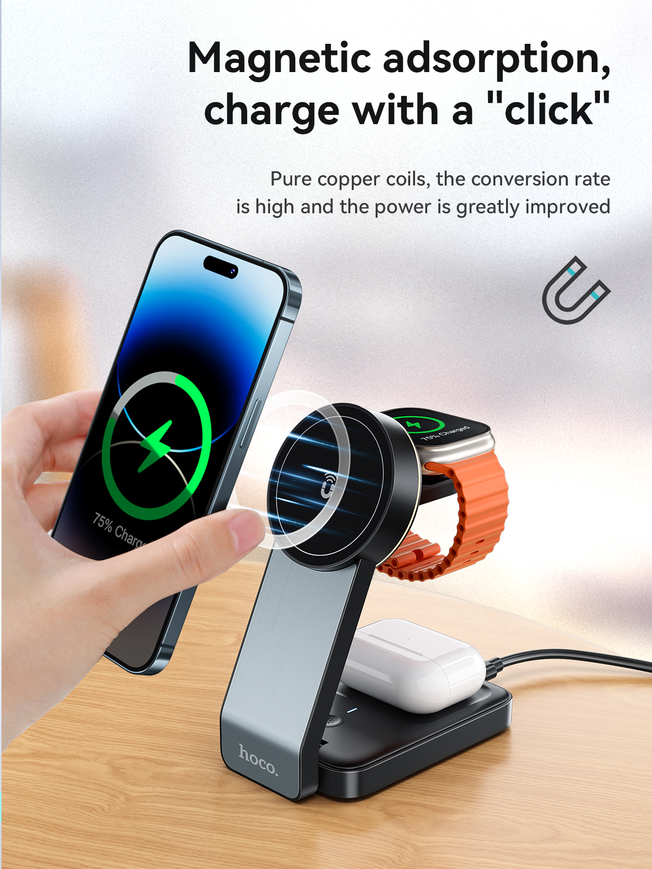 HOCO CQ3 Wireless Charger 3in1 Magnetic Wireless Charging Stand 15W Qi ...