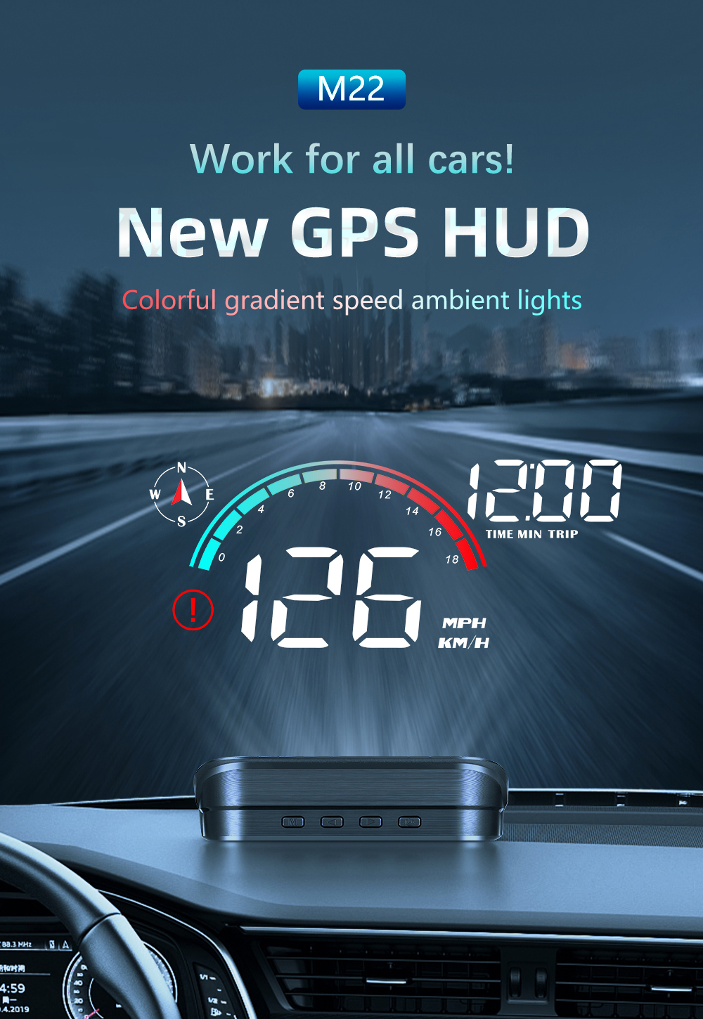 M22 Car Head Up Display Speed RPM MPH HUD GPS Speedometer Projector ...