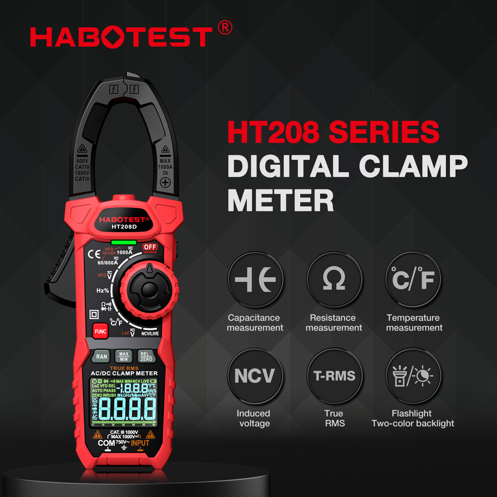 HABOTEST HT208 Digital Clamp Meter 1000V/1000A AC/DC True-RMS NCV ...