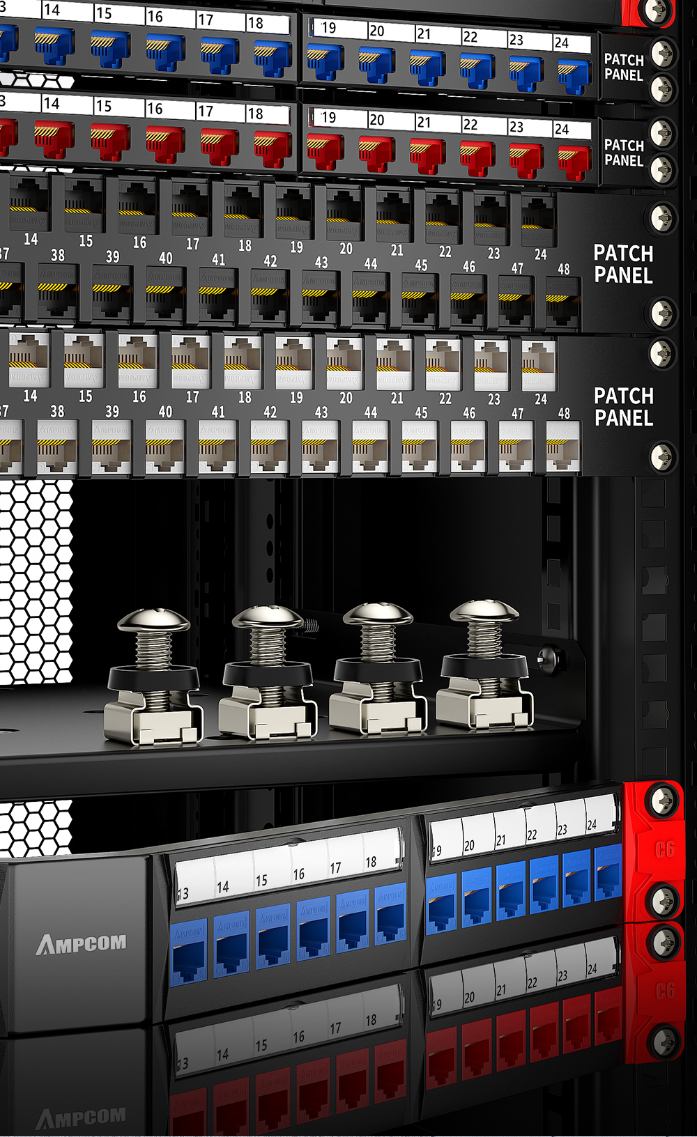 AMPCOM 1U/0.5U 24-Port Rack-Mounted Patch Panel with Detachable CAT6 ...