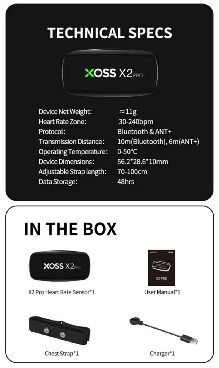 XOSS X2 Pro Chest Heart Rate Sensor Bluetooth Ant + Wireless Waterproof ...