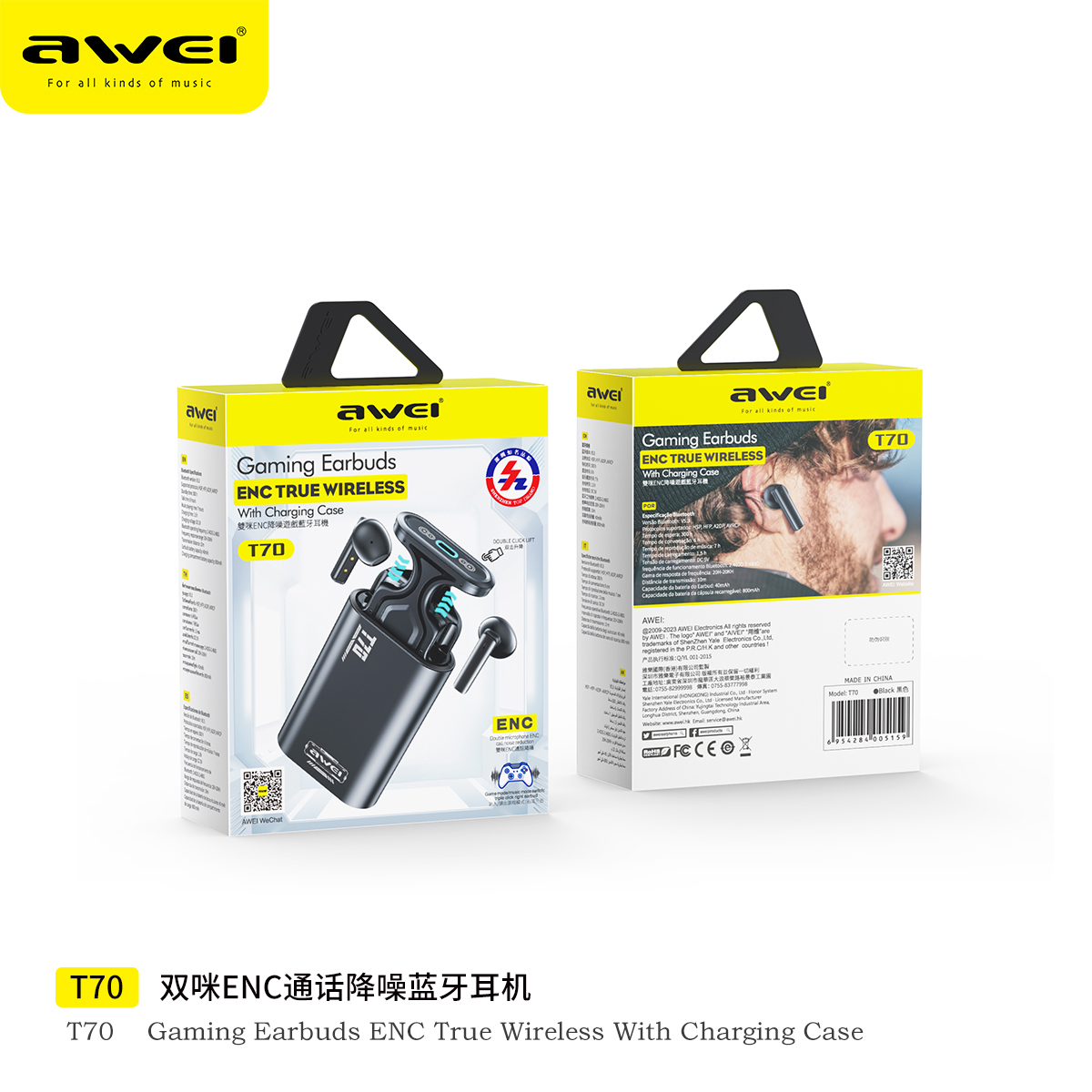 Awei T70 Noise Cancelling Gaming Earphone Bluetooth 5.3 38ms Low latency HIFI Stereo Wireless ...