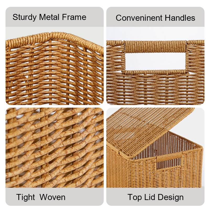 Rattan Basket Storage Box Wicker Woven Straw Storage Basket with Cover ...