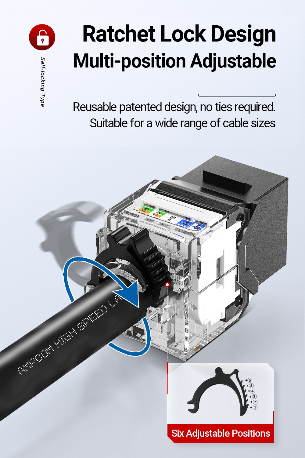 AMPCOM CAT6A RJ45 Keystone Jack, Ratchet Lock UTP Toolless Modular ...