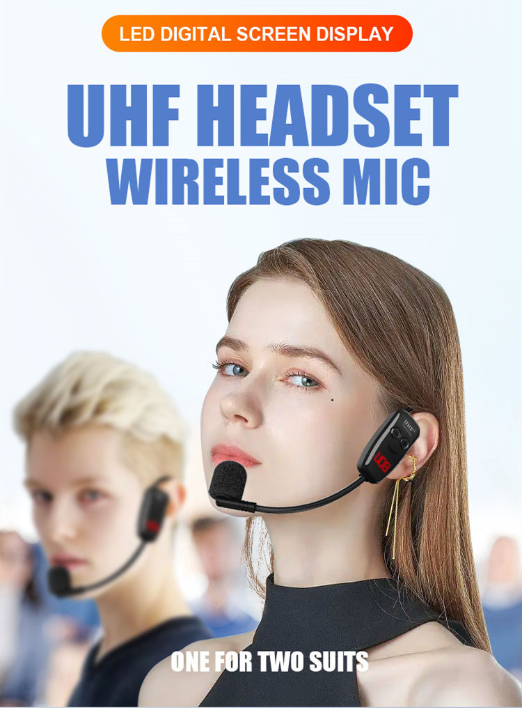 Head-mounted UHF Wireless Microphone Headset LED Display Two Wireless MIC Transmitter Receiver ...