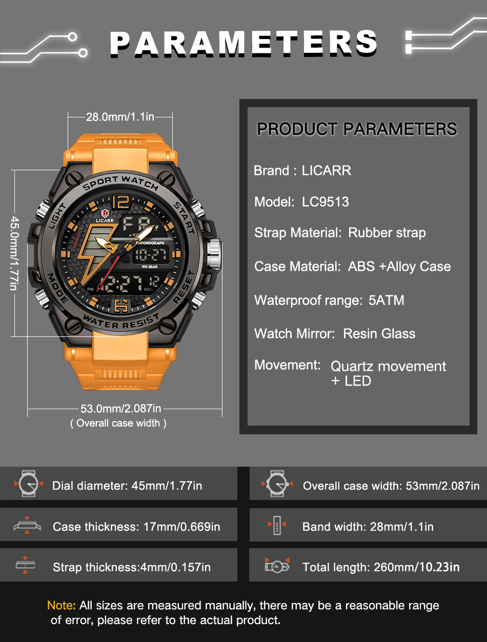 LICARR Fashion Men's Watches Brand Original Waterproof Analog Digital ...