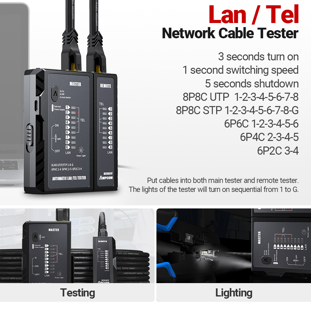 AMPCOM Pass Through RJ45 Crimper Tool, Lan Tester Tools Kit Sets ...