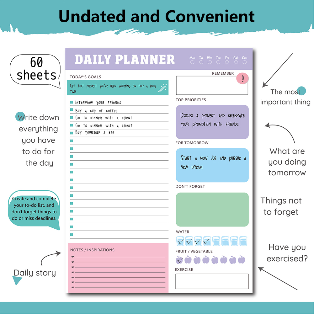 60 Sheets English Daily Planner 2 Monthly To Do List Notepad Weekly ...