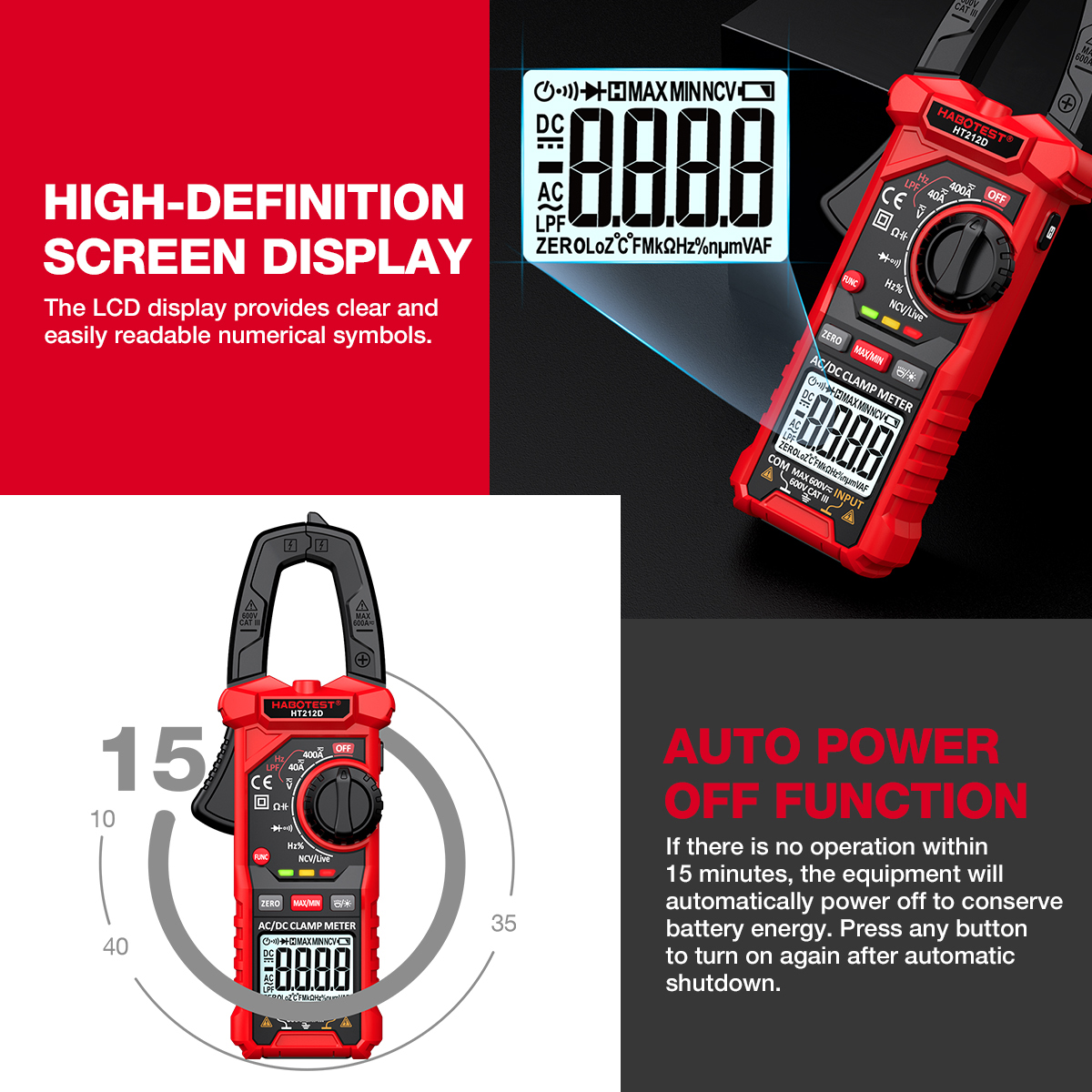 HABOTEST HT212 DC/AC Current Digital Clamp Meter 4000 Counts 400A Amp ...