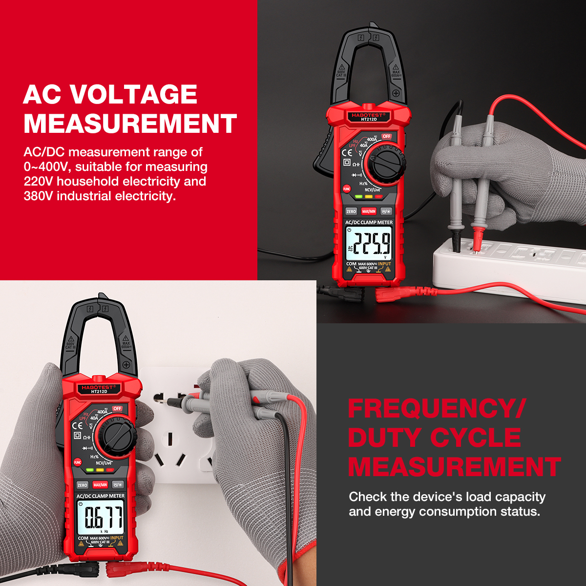 HABOTEST HT212 DC/AC Current Digital Clamp Meter 4000 Counts 400A Amp ...
