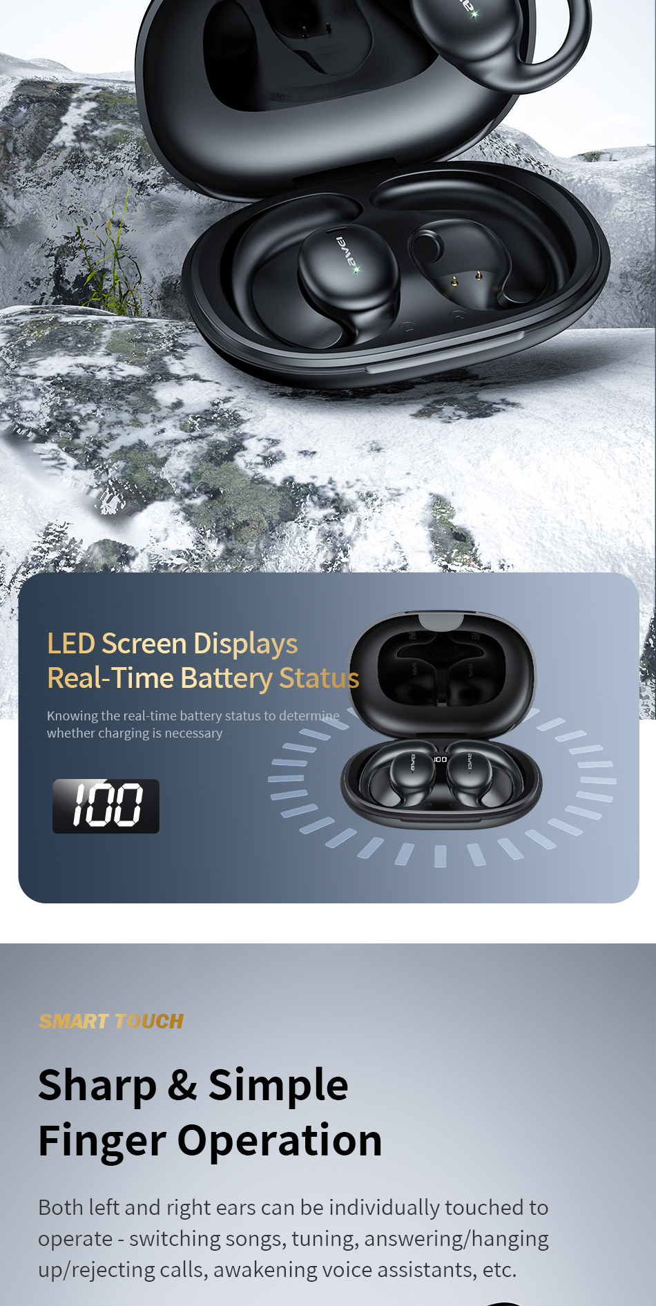 Awei T80 OWS Open Wireless Earphones Bluetooth V5.3 Air Conduction Ear ...