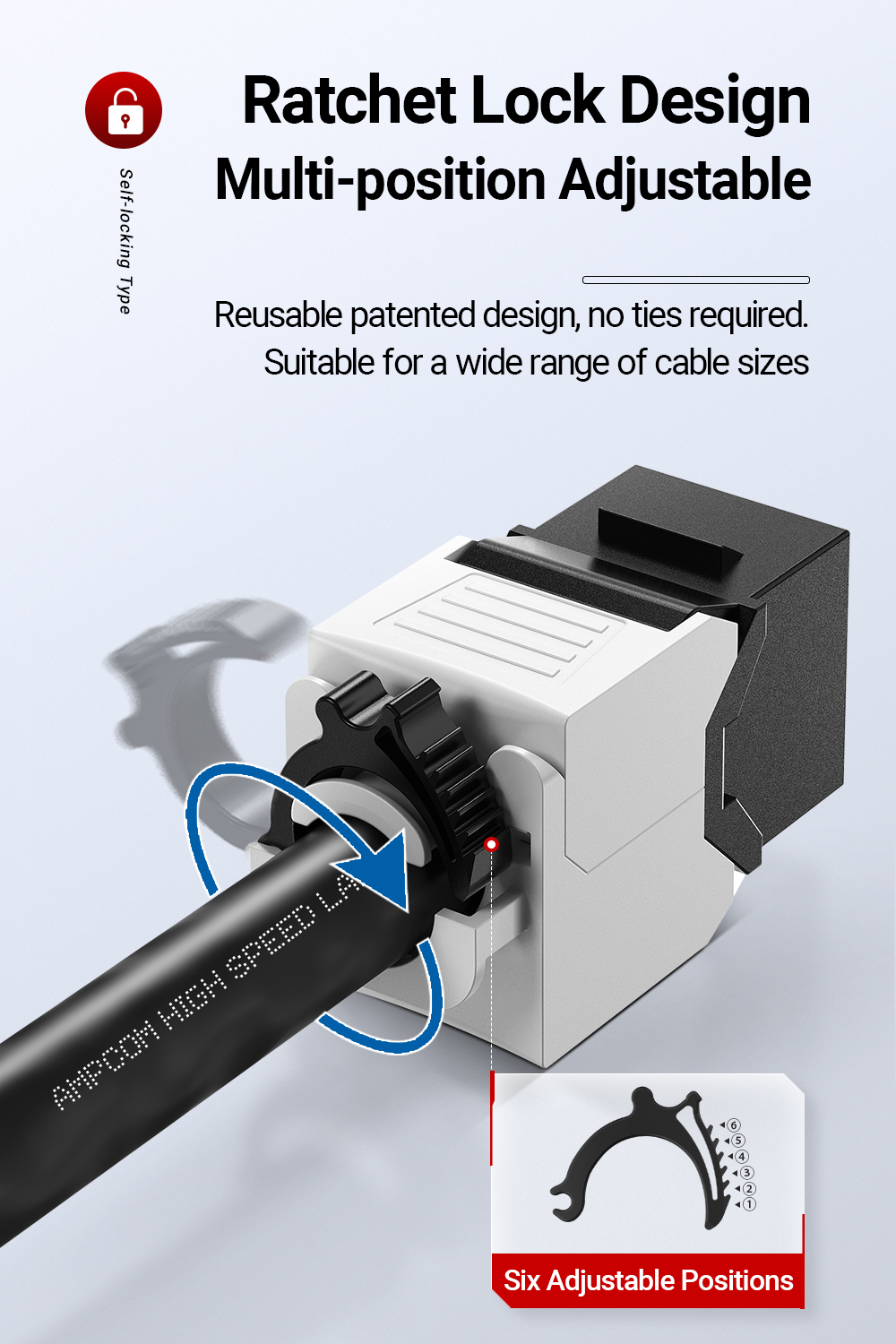 AMPCOM CAT6 RJ45 Keystone Jack, Ratchet Lock UTP Toolless Modular ...