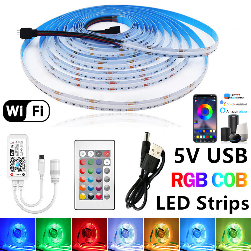 5V USB RGB Led Strip with APP+Remote Control Bluetooth COB LED Strip 1m ...