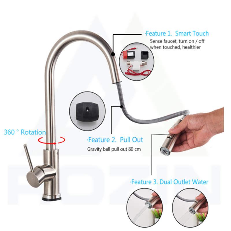 Touch Kitchen Faucet Brushed Gold Pull Out Sensor Faucets Rotatable ...