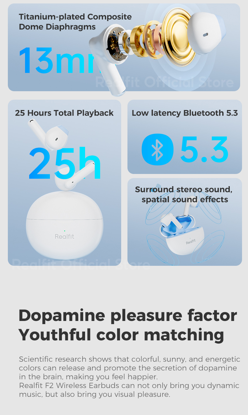Realfit F2 Bluetooth Earphone Dopamine-Color Wireless Earbuds with Mic ...
