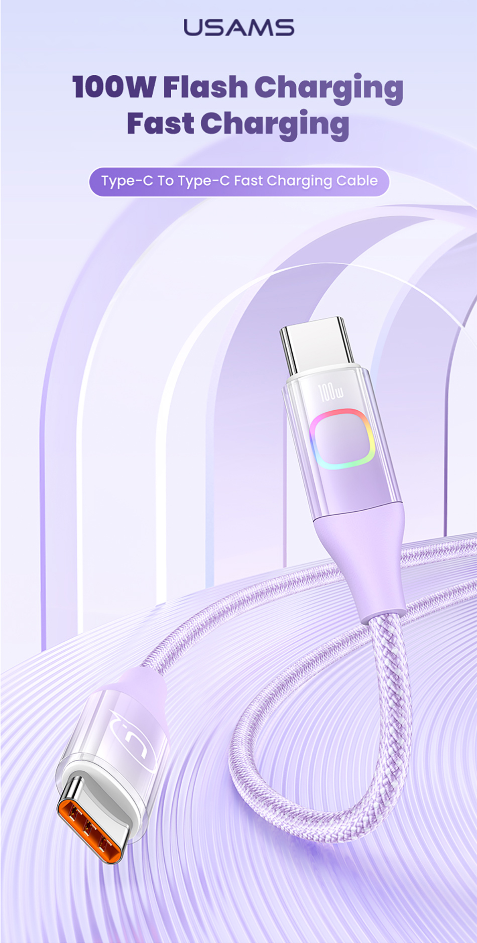 USAMS Fast Charging USB Type C IP Cable With Colourful Light (100W ...