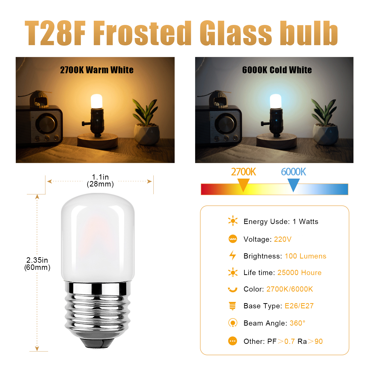 2pcs T28 1W E26 Small LED Night Light Bulb Low Watt Vintage Edison Tube Bulb 2700K Warm White ...