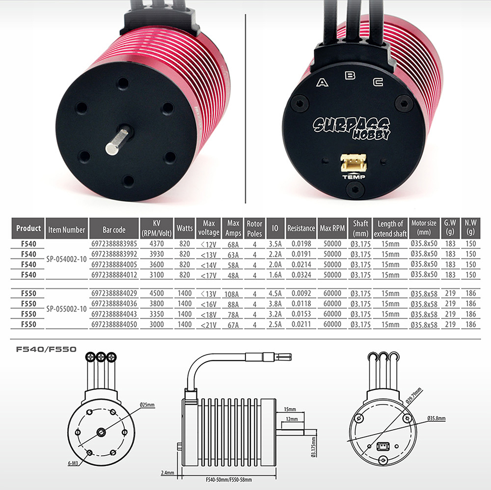 SURPASS HOBBY Rocket-RC 1/10 Brushless Motor And ESC 60A 90A F540 F550 ...