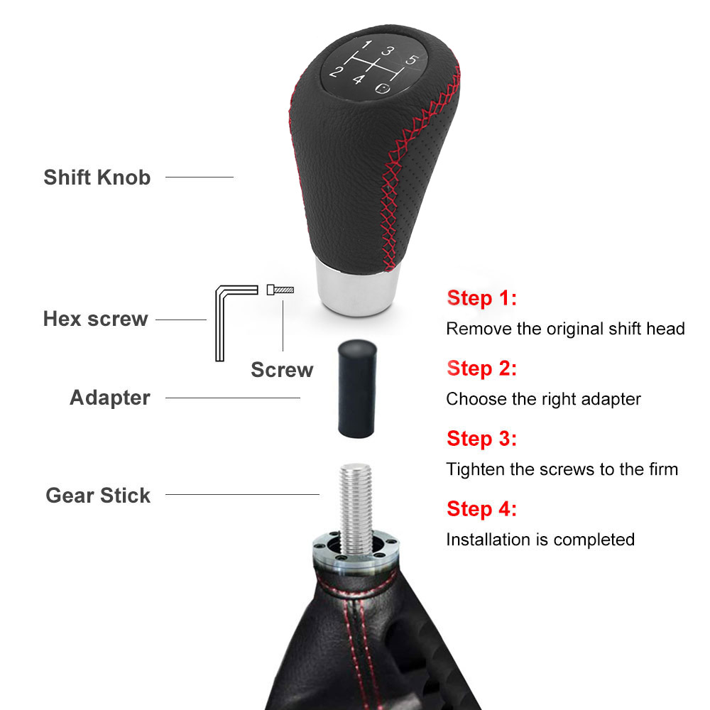 Universal 5 Speed Gear Shift Knob Manual Leather Red Stitch M8 M10 M11 ...