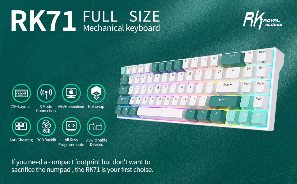 RK71 White Green Royal Kludge Bluetooth 5.0 USB C Three Mode 60% RGB ...