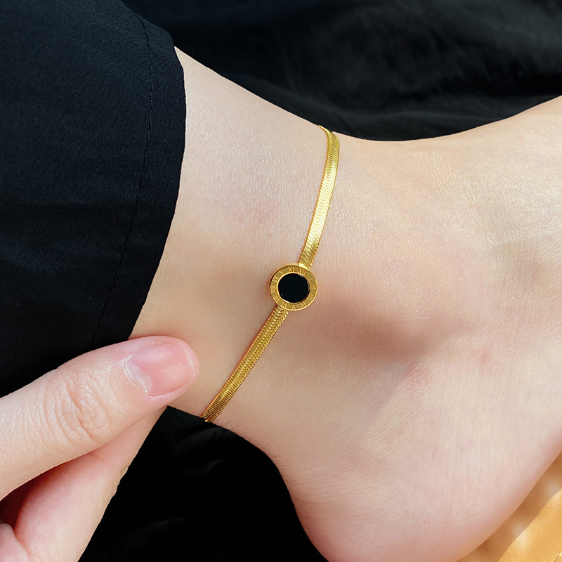 Japanese Korean Simple Black Round Titanium Anklet for Women 18k Gold ...