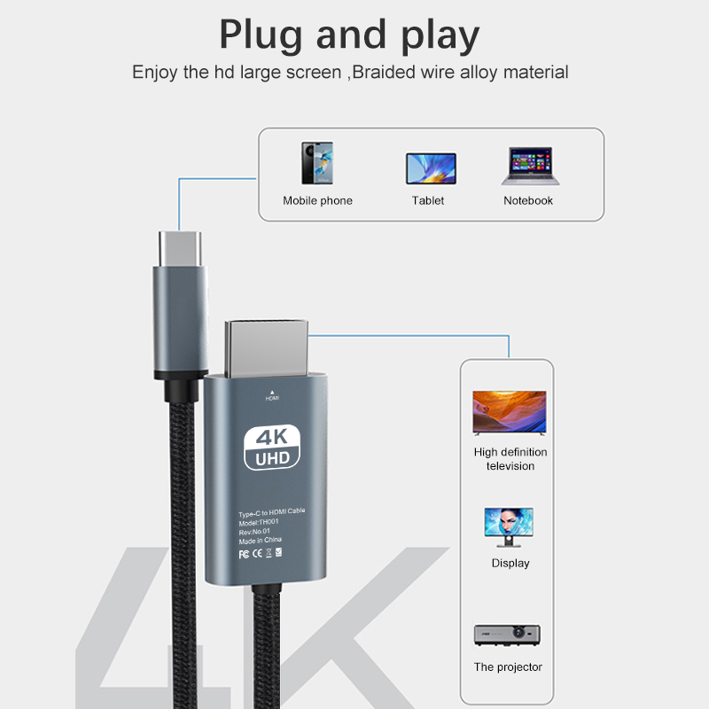 Type C To HDMI Cable 4K 60HZ 2M High Definition Screen USB C To HDTV ...