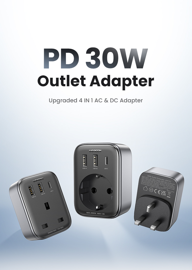 UGREEN Outlet Adapter GaN EU Socket 4 in 1 PD 30W 2 USB A and 1 Type c ...