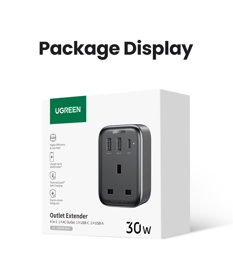 UGREEN Outlet Adapter GaN EU Socket 4 in 1 PD 30W 2 USB A and 1 Type c ...