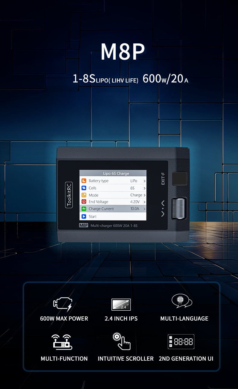 ToolkitRC M8P M8S upgraded version 600W 20A DC Balance Charger Discharger for 1-8S Lipo Battery ...