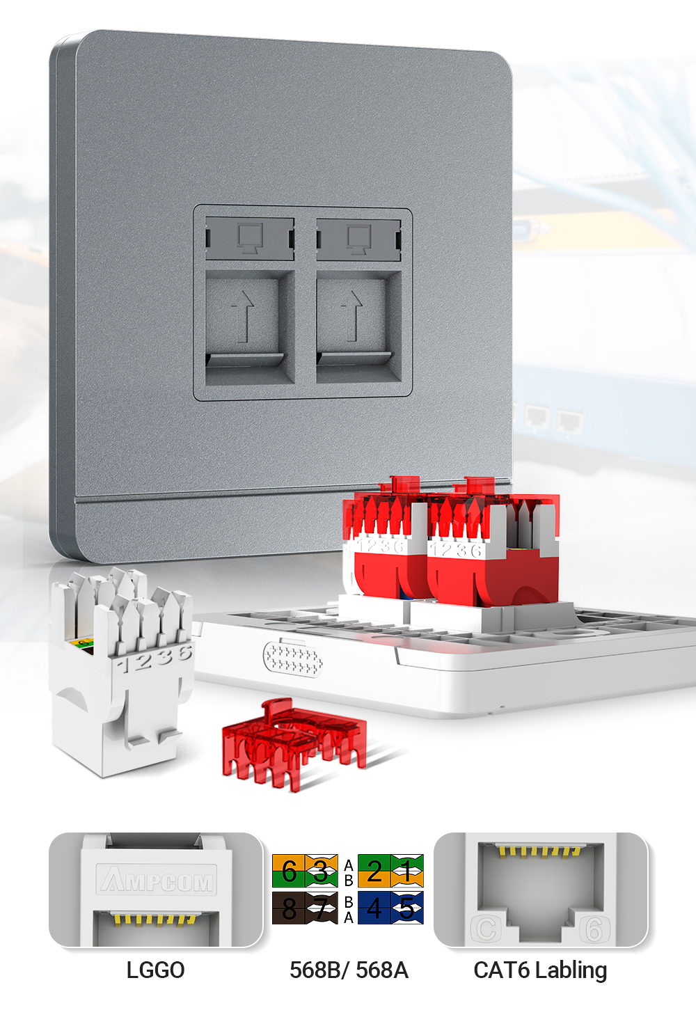 AMPCOM CAT6 RJ45 Keystone Jack Module Connector Network Coupler ...
