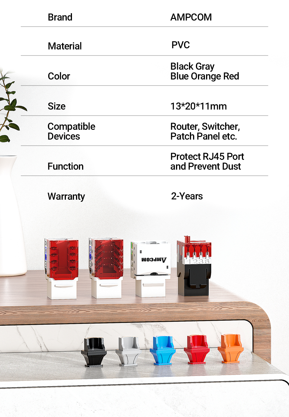 AMPCOM 50-Pack: Five-Color RJ45 Dust Plug Ethernet Hub Port Anti Dust ...