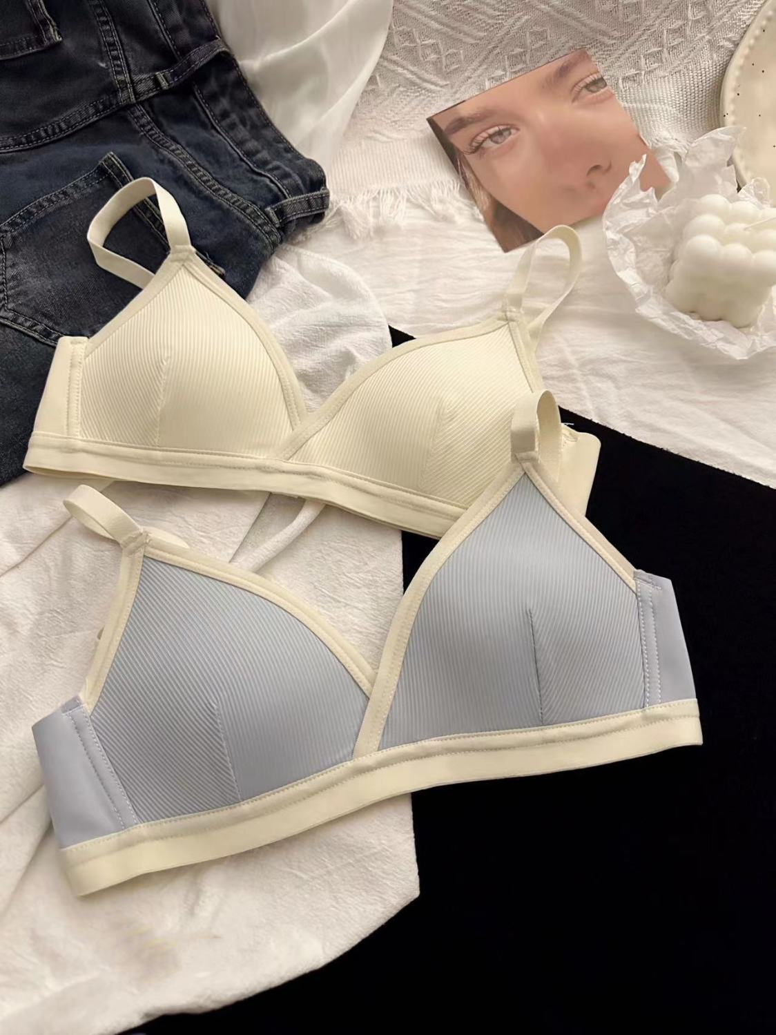 Contrast Color Small Breast French Triangle Cup Underwear Wireless Thin ...
