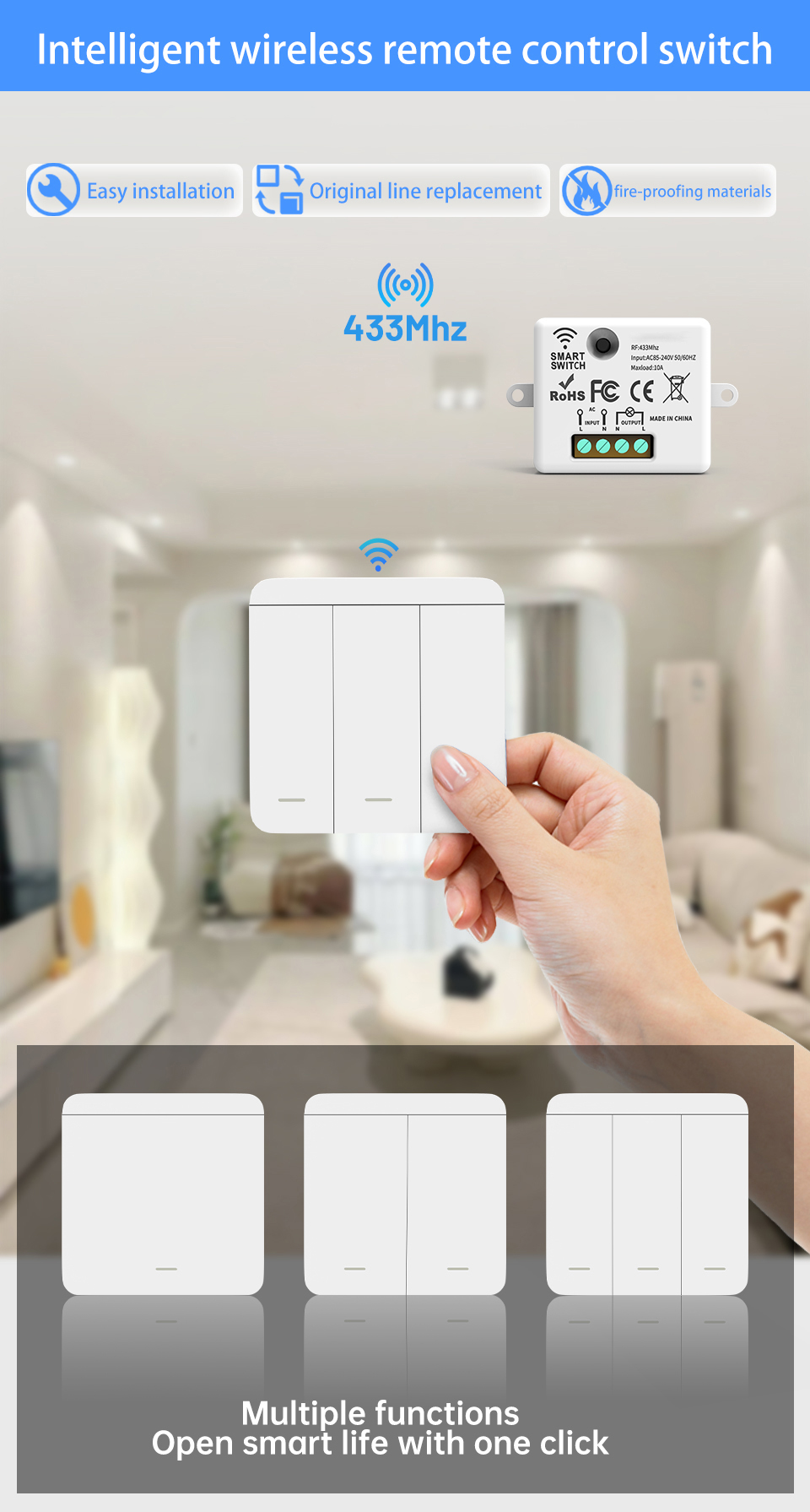 Rf 433Mhz Wireless Switch Set Diy Smart Switch 1/2/3Gang Push Button ...