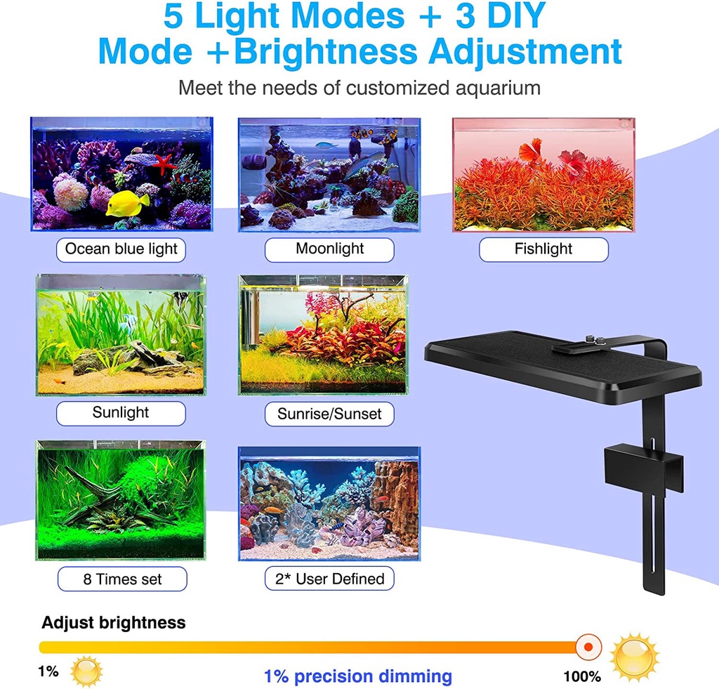 40W Smart App LED Aquarium Light RGB Pro LEDs with Sunrise-Daylight-Moonlight DIY Timer Clip On ...