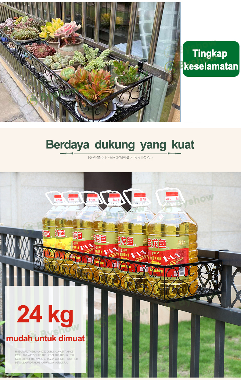【Byshow】Outdoor Wall Hanging Flower Pot Stand Balcony Plant Rack Metal ...