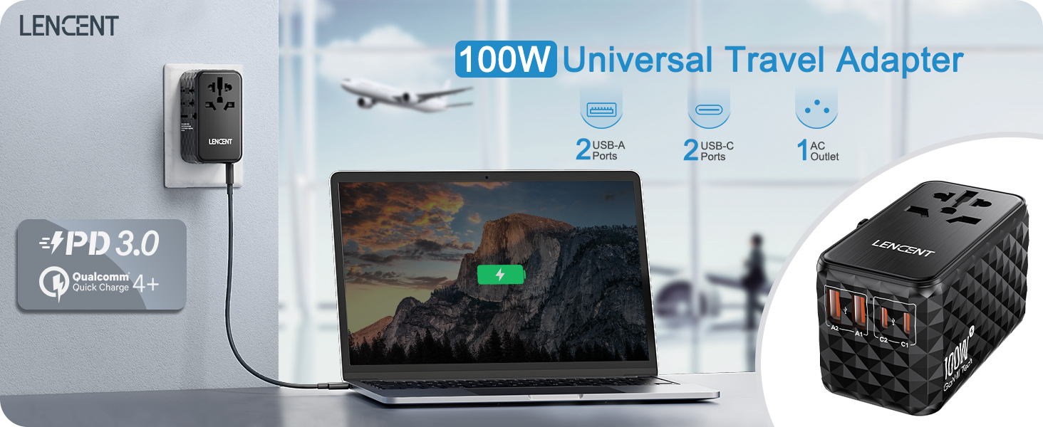 LENCENT 100W International Travel Adapter, GaN Universal Travel Adapter with 2 USB-A & 2 Type C ...