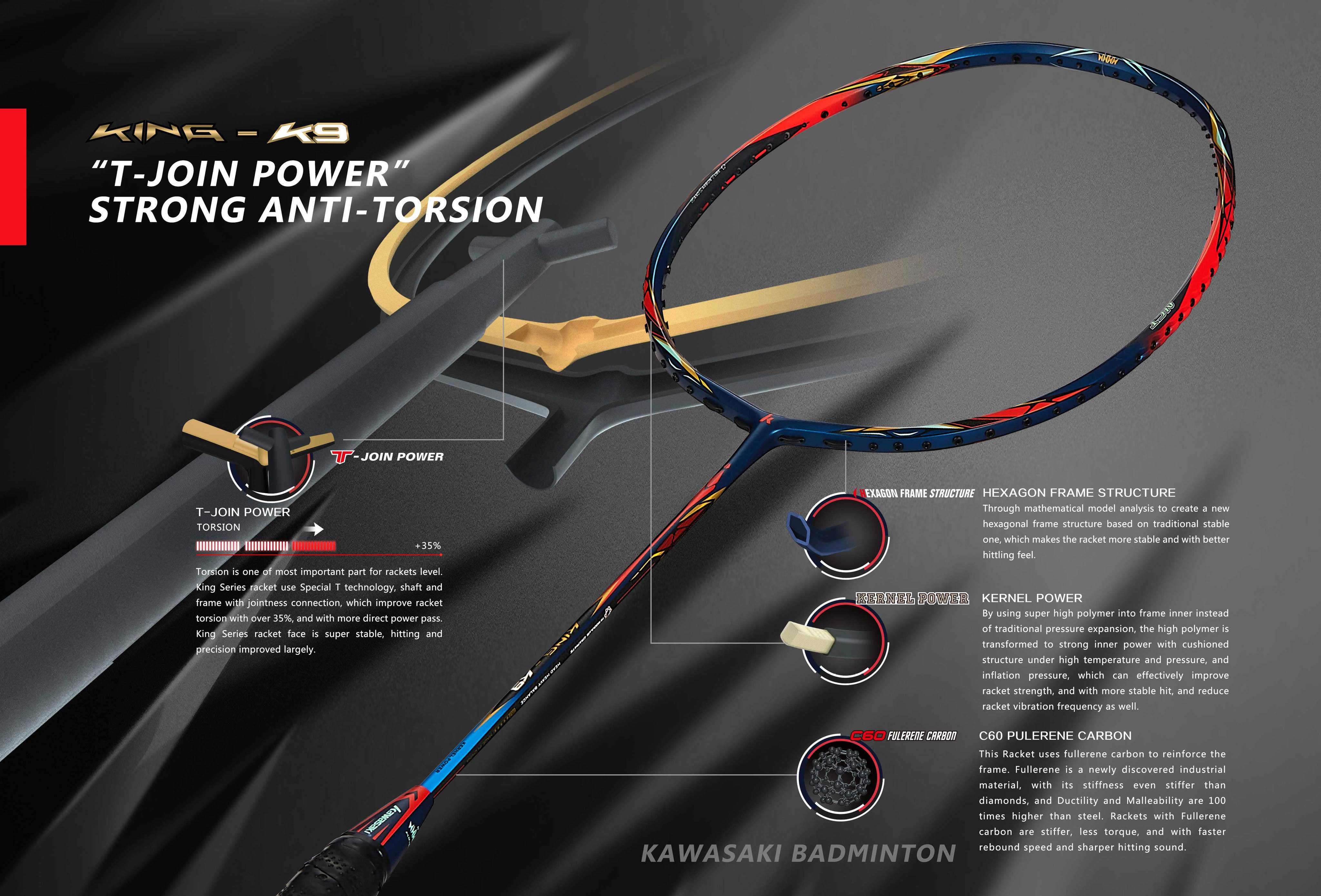 Kawasaki Professional Badminton Racket KING K9 4U 18-32LBS Full Carbon ...