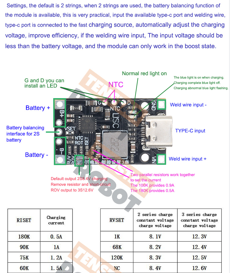 Type-C USB 2/3S BMS 15W 8.4V 12.6V 1.5A Lithium Battery Charging Boost ...