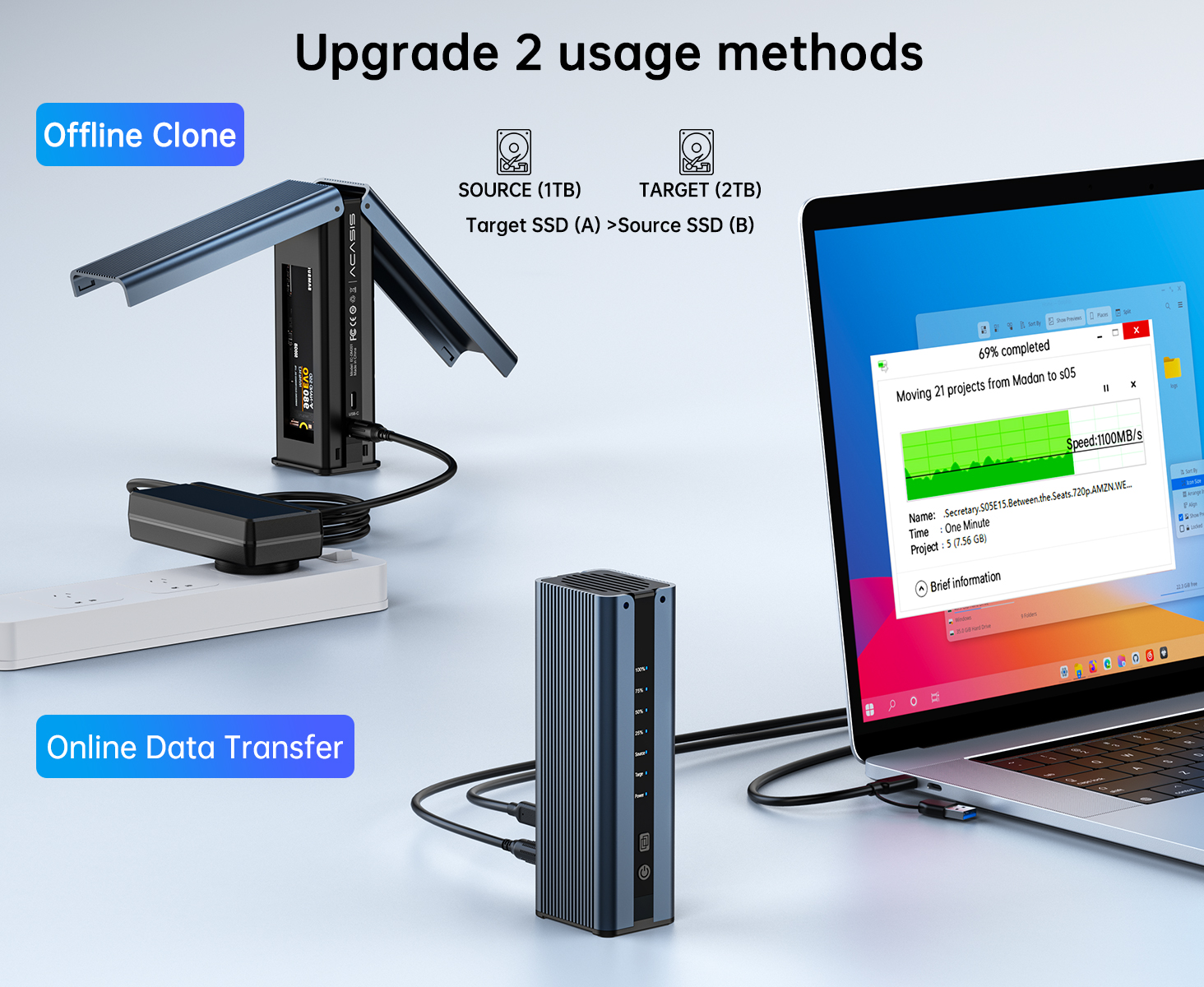 ACASIS Dual Bay M.2 NVME SSD Enclosure Offline Clone Duplicator USB C3 ...